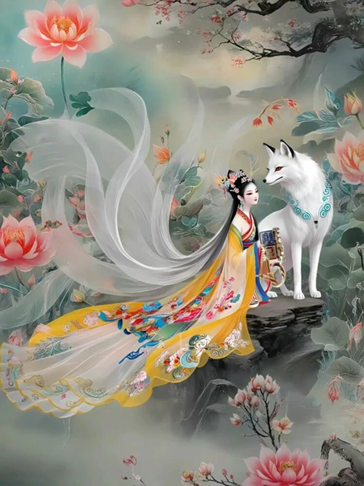 Алмазная картина "Девятихвостая фея-лиса" алмазная огранка 40х50 см,40X50CM, белый