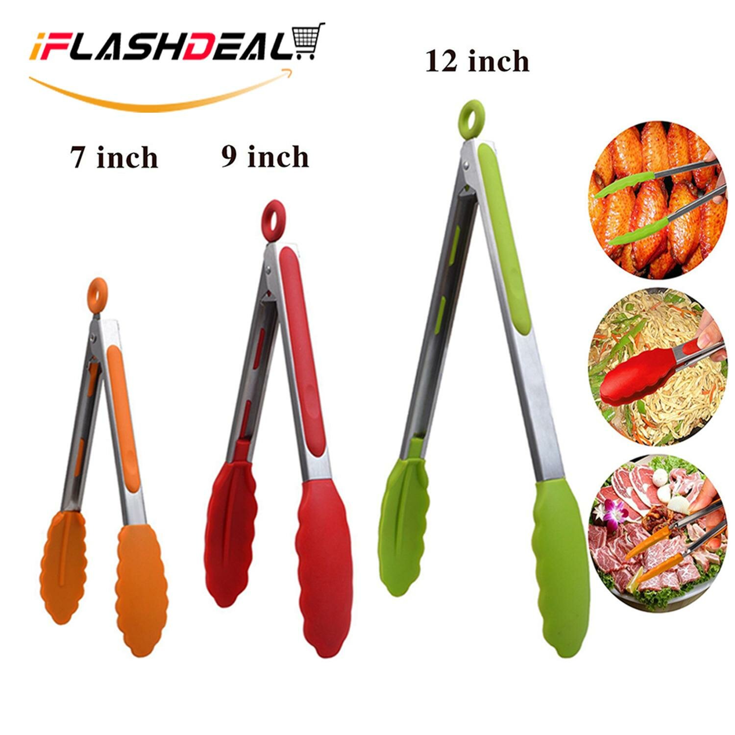 IFlashDeal щипцы для еды, набор из 3-7,9,12 дюймов из нержавеющей стали, силиконовые щипцы для еды, кухонная утварь, зажим для барбекю, термостойкий (зеленый/красный/оранжевый)