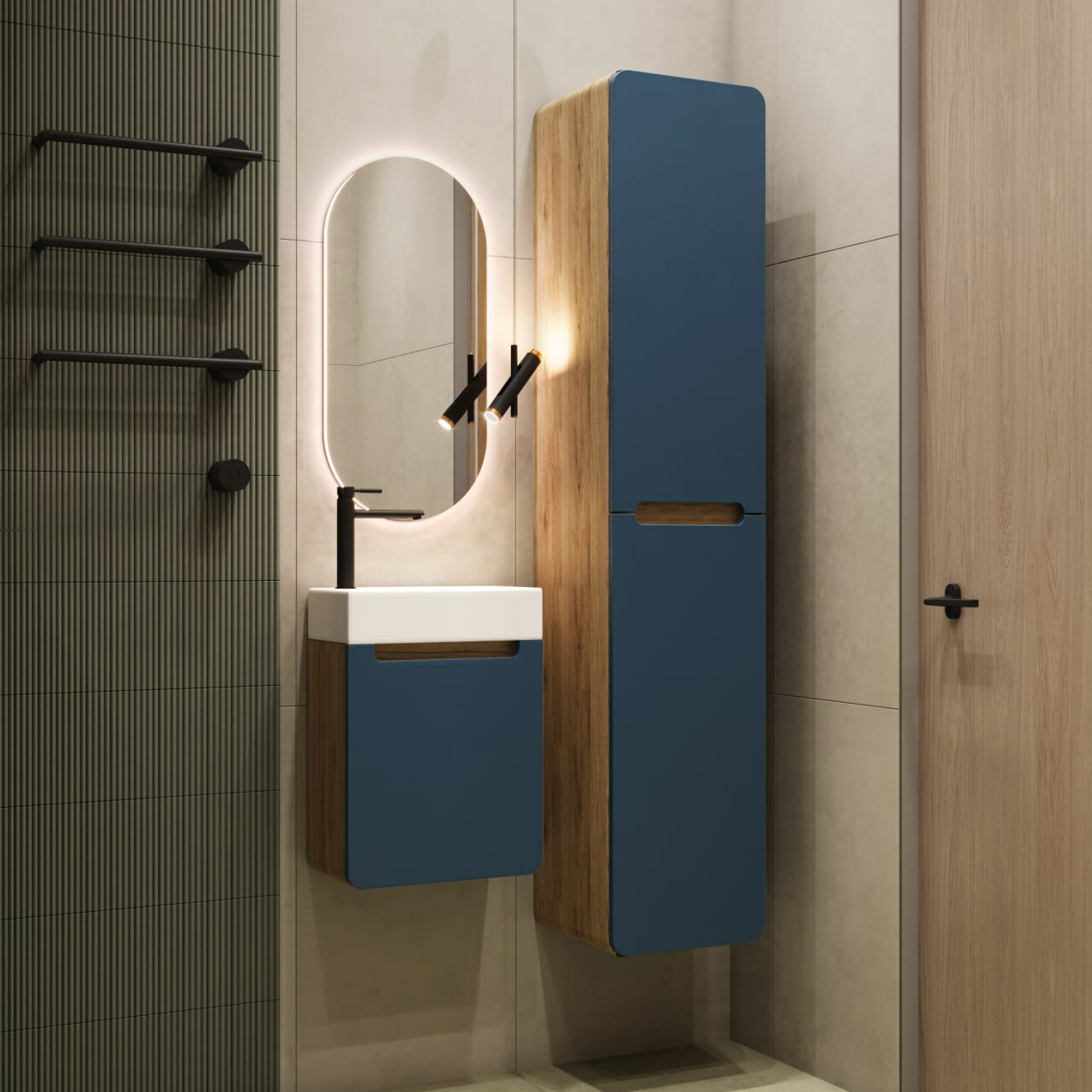 Узкая тумба с раковиной для ванной TYPE004C, 55х40х21 см, дуб-синий