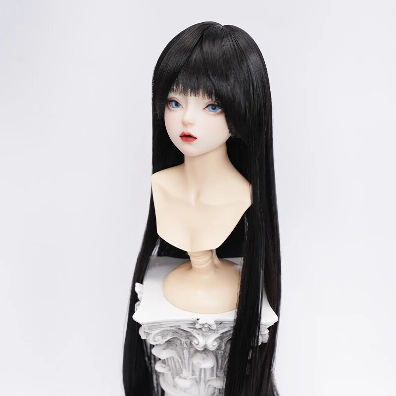 Парик для куклы BJD, черный, длинный с челкой, 17.5-18.5см, 019