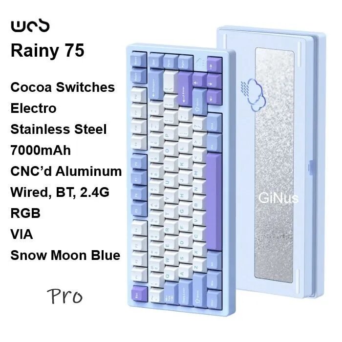 WOB Игровая клавиатура беспроводная Rainy75 Pro, SnowMoonBlue, RGB, CocoaSwitches, Electro, Английская раскладка, голубой