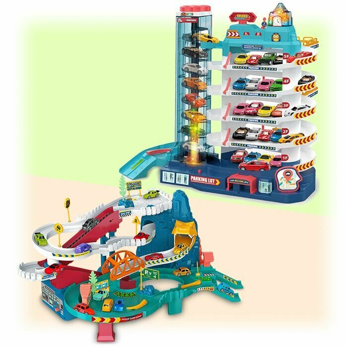 Комплект игровых парковок "сити + Гора Динозавра" со спиральным лифтом, электро подъёмниками, ковриком картой, светом, звуком и 12 машинками