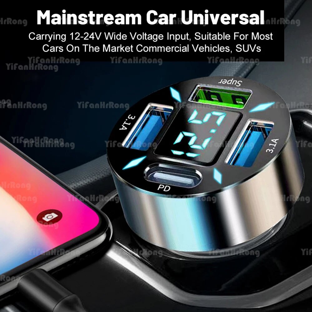 Автомобильное зарядное устройство USB, 4 порта, быстрая зарядка PD Quick Charge 3.0 USB C, автомобильное зарядное устройство для телефона, адаптер для iPhone 13 12 Xiaomi Samsung