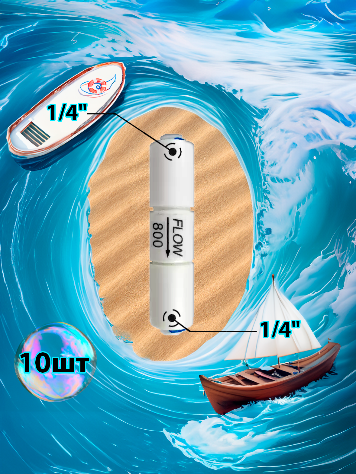 Ограничитель потока flow 800мл 1/4" трубка - 1/4" трубка (фитинги съемные для осмоса и фильтра) 10шт.