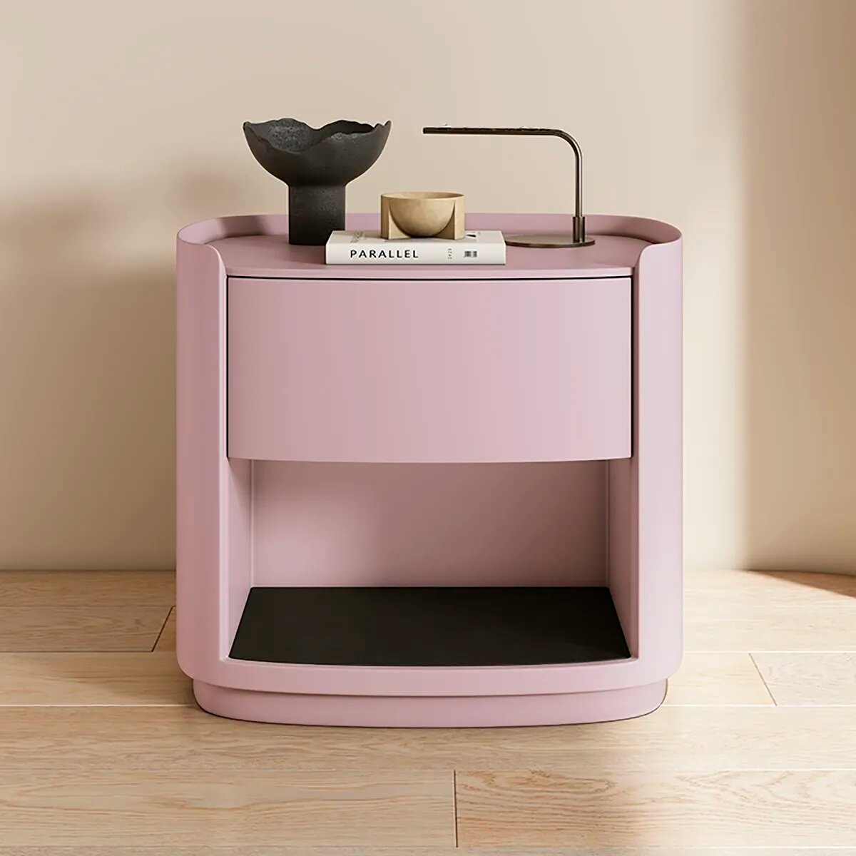 Тумбочка прикроватная с одним ящиком в современном стиле обитая экокожей Nomi 50 см (розовый)
