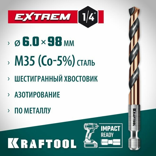 Сверло по металлу для винтовёртов и шуруповертов IMPACT READY, KRAFTOOL НЕХ-1/4", d 6.0 х 98 мм