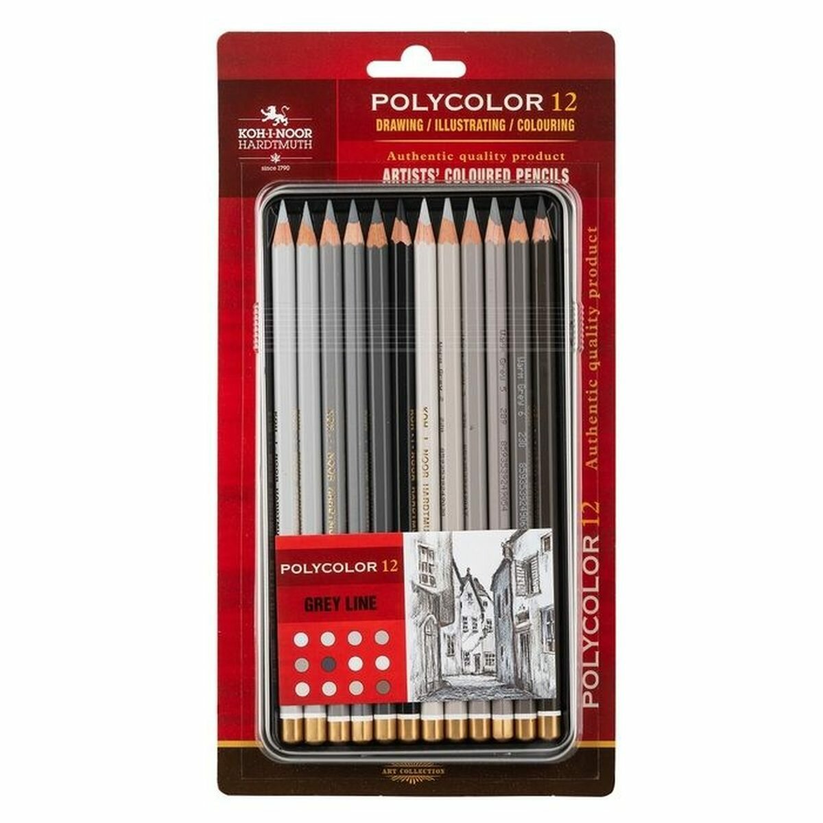 Карандаши цветные художественные 12 цветов Koh-I-Noor Polycolor Grey Line (L=175мм, D=7мм) метал. пенал (3822012013BL)
