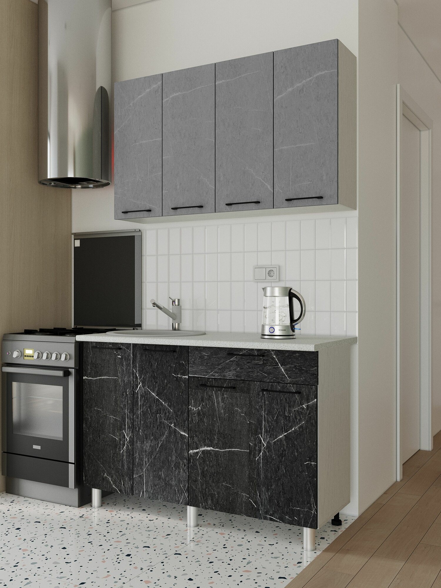 Кухонный гарнитур Марбл МДФ 1,2м мрамор лайт/дарк без столешницы