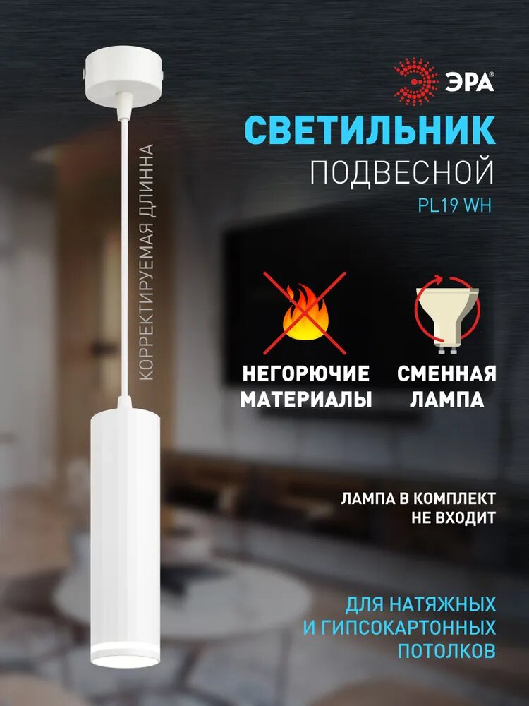 Светильник подвесной (подвес) ЭРА PL19 WH MR16 GU10 потолочный цилиндр белый