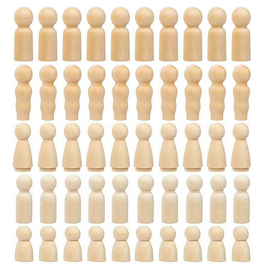 Пупсеты для рисования DIY деревянные фигуры/семья из пяти, натуральный цвет, материал дерево, 50 штук (10 штук каждого типа), размеры: хозяин диаметр 2.2 см высота 6.1 см, хозяйка диаметр 1.9 см высота 5.6 см, большой мальчик диаметр 1.6 см высота 4.5
