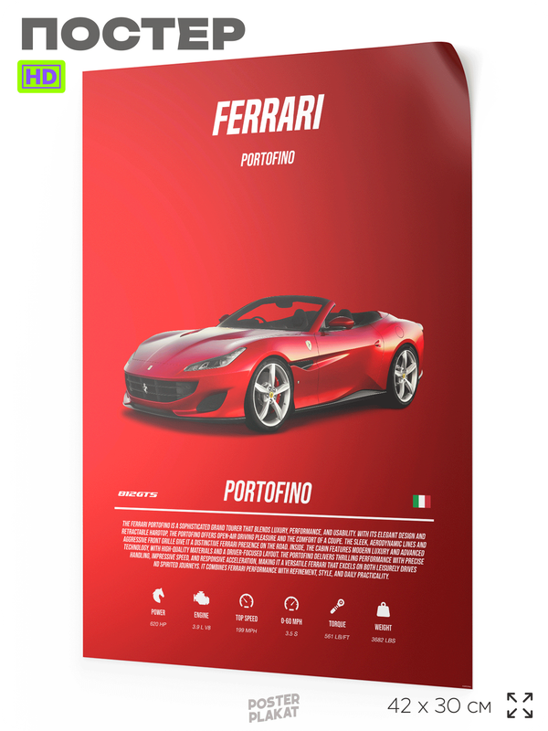 Постер на стену с машинами, Ferrari Portofino, авто Феррари Портофино, для интерьера, А3 (420х297 мм), Постер Плакат