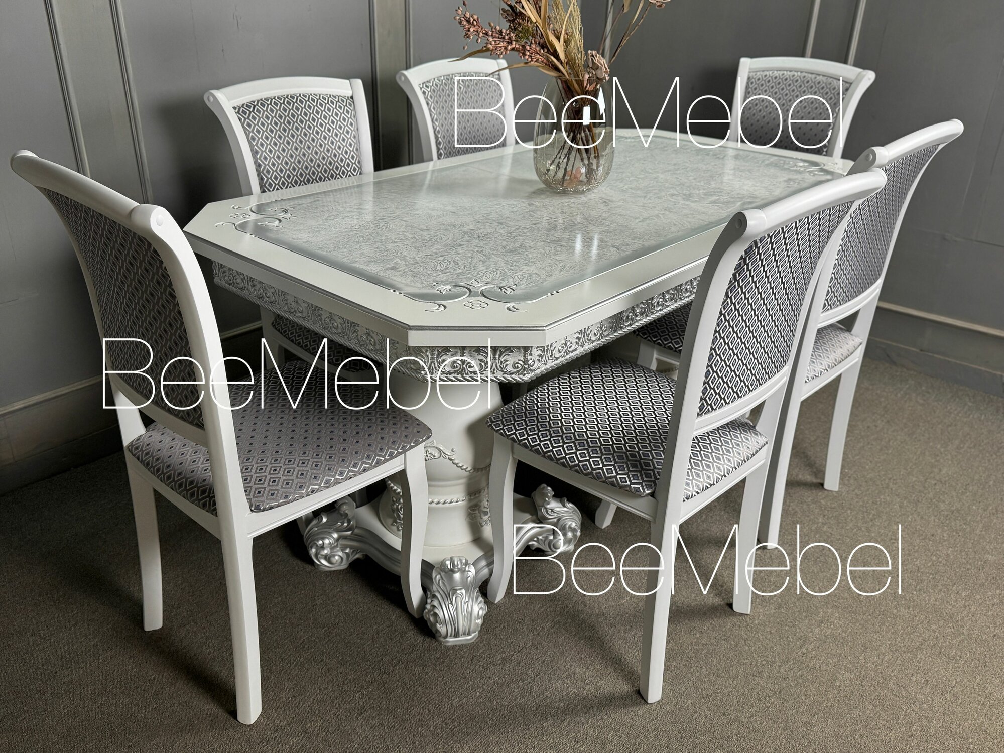 Обеденная группа, стол прямоугольный белый 160/90 и 6 стульев