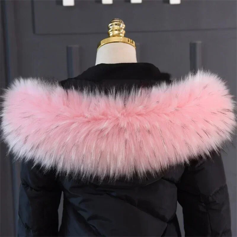 2025 Женщины фальшивый мех воротник пушистый роскошный зимний теплый шарф мужчины детские куртки капюшон мех отделка полосы 75 см ракун мех обернуть шаль