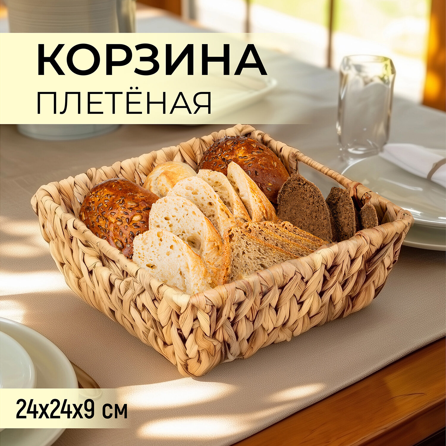 Корзина плетеная 24х24х9 см с ручками EL Casa, водный гиацинт