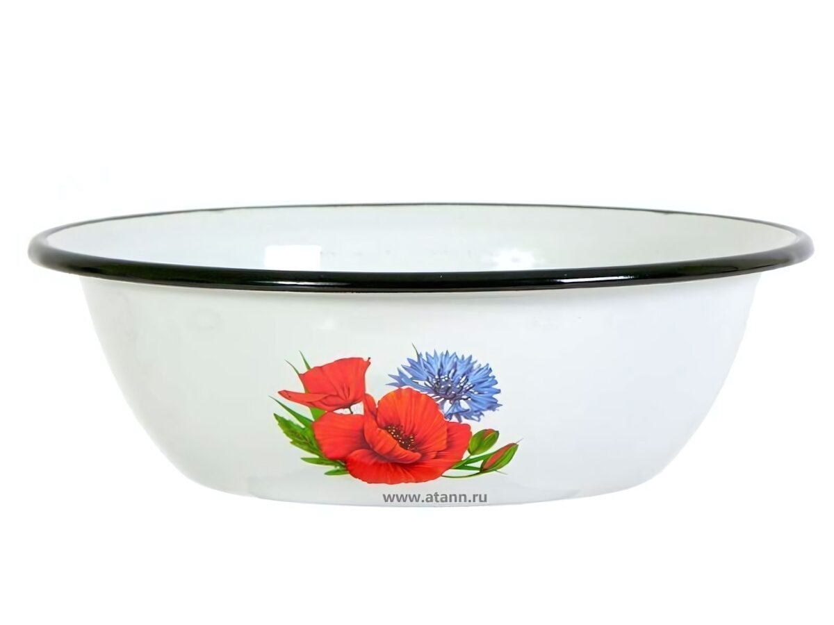 Миска эмалированная 1л с цветочным рисунком, сталь, белая с черной окантовкой