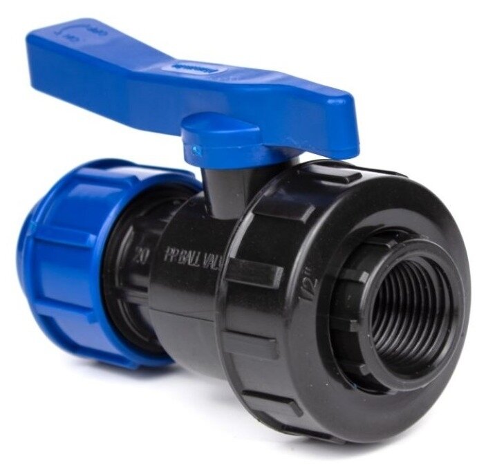 Кран шаровый для воды Lammin / Ламмин прямой компрессионный для ПЭ труб, ручка рычаг, полиэтилен, цвет синий, диаметр присоединения 20мм, резьба 1/2" / запорная арматура