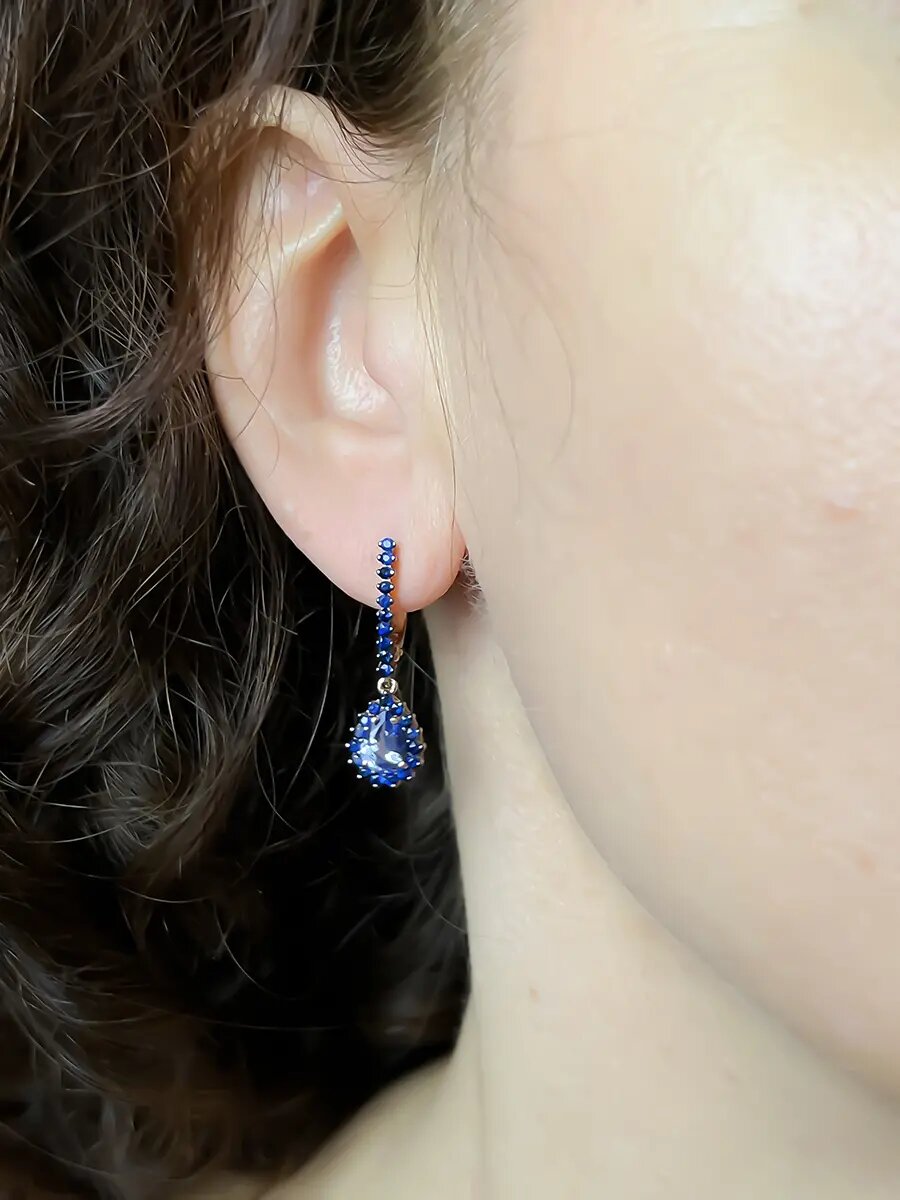 Серьги с подвесками, красное золото, 585 проба, сапфир, танзанит