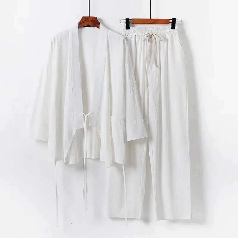 Мужское кимоно-кардиган CEARPION из хлопка и льна 3XL-9XL Белый, 4XL, White Set