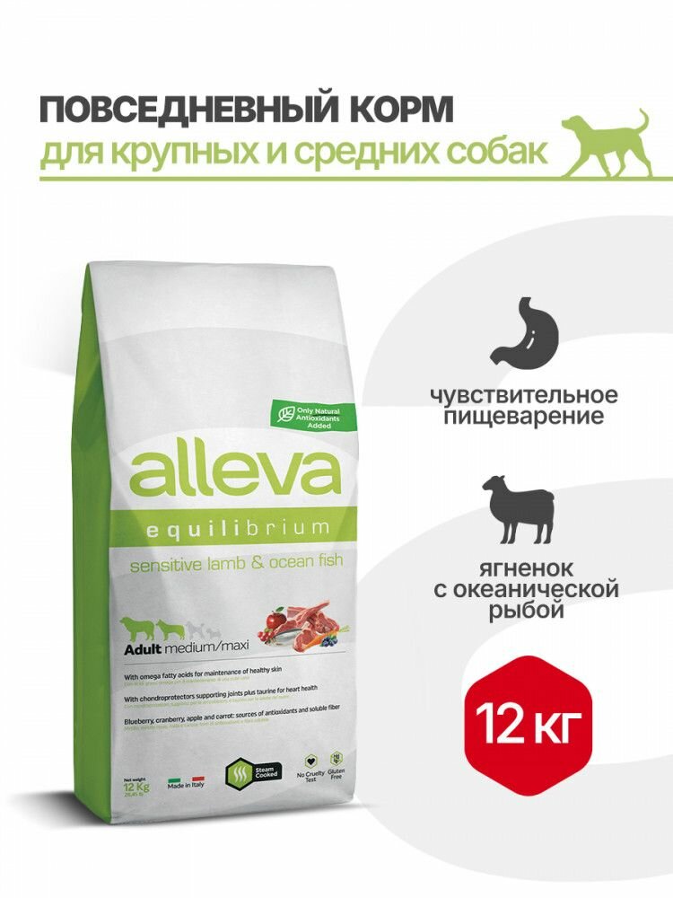 Alleva Equilibrium сухой корм для собак средних и крупных пород с ягненком и океанической рыбой, 12 кг