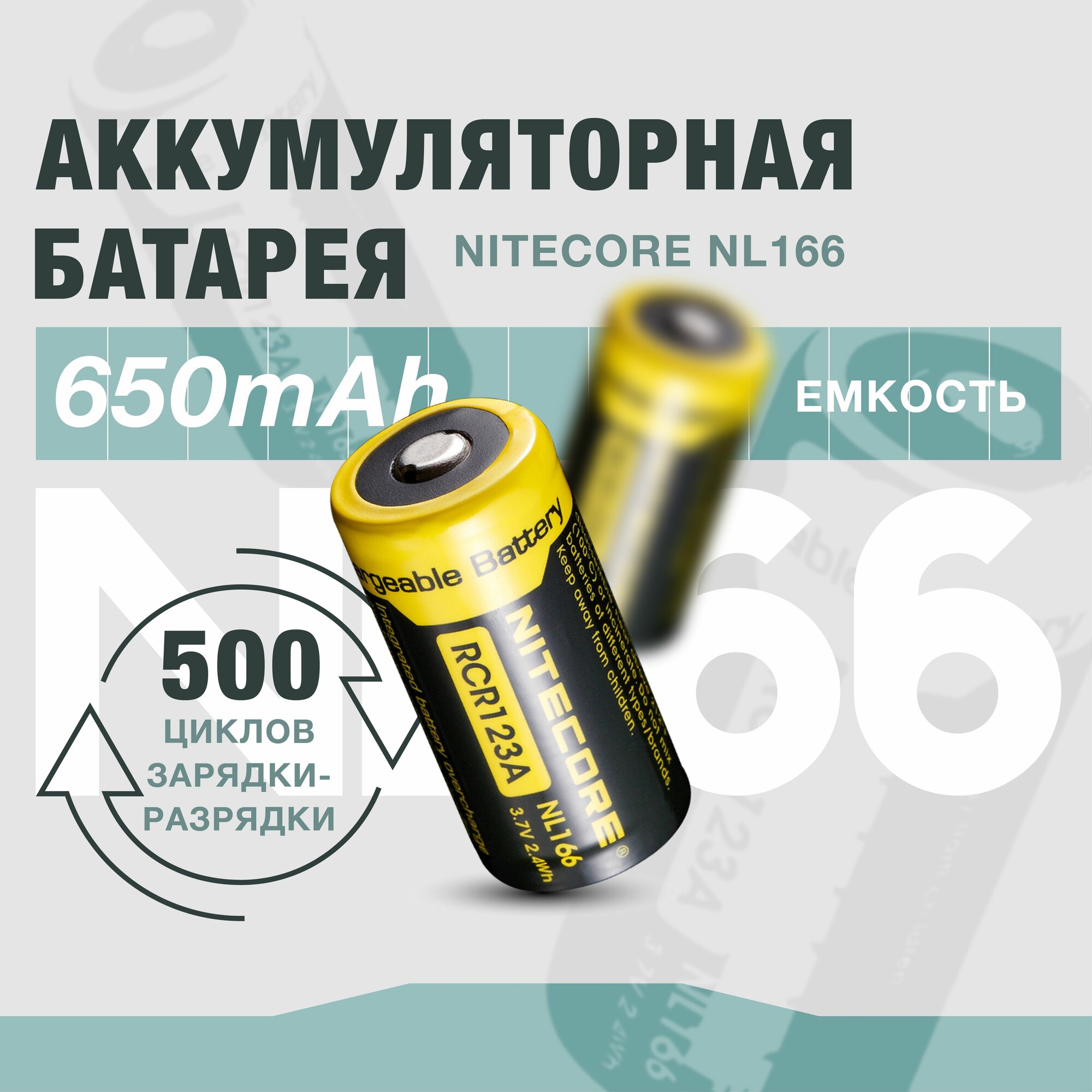 Аккумуляторная батарея Nitecore RCR123A/NL166 650mAh 3.7V 2.4Wh