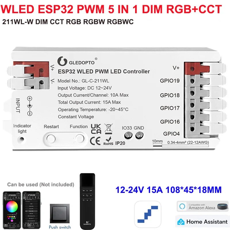 5Matter WLED WIFI 5in1 WiFi светодиодный контроллер DC12V-24V Tuya Smart Alexa Google Home RGBCCT RGBW CCT DIM RGB светодиодная лента переключатель света