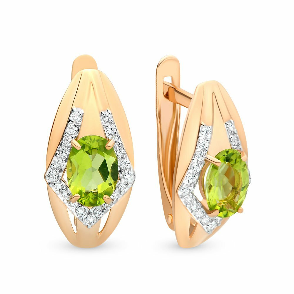 Серьги, красное золото, 585 проба, родирование, фианит, хризолит