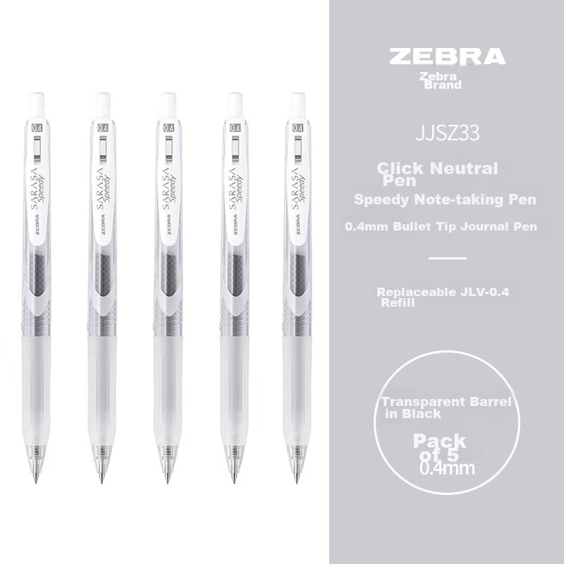 ZEBRA Brand Retractable Gel Pen, Speedy Quick Writing Pen, 0.4mm Bullet Tip, Large Capacity Journal Pen, JJSZ33, Transparent Barrel with Black Ink, Pack of 5