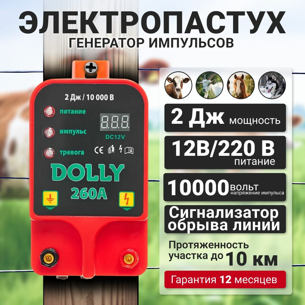 Генератор (электропастух) 260A 12V/230V 2Дж с сигнализацией. до10KM