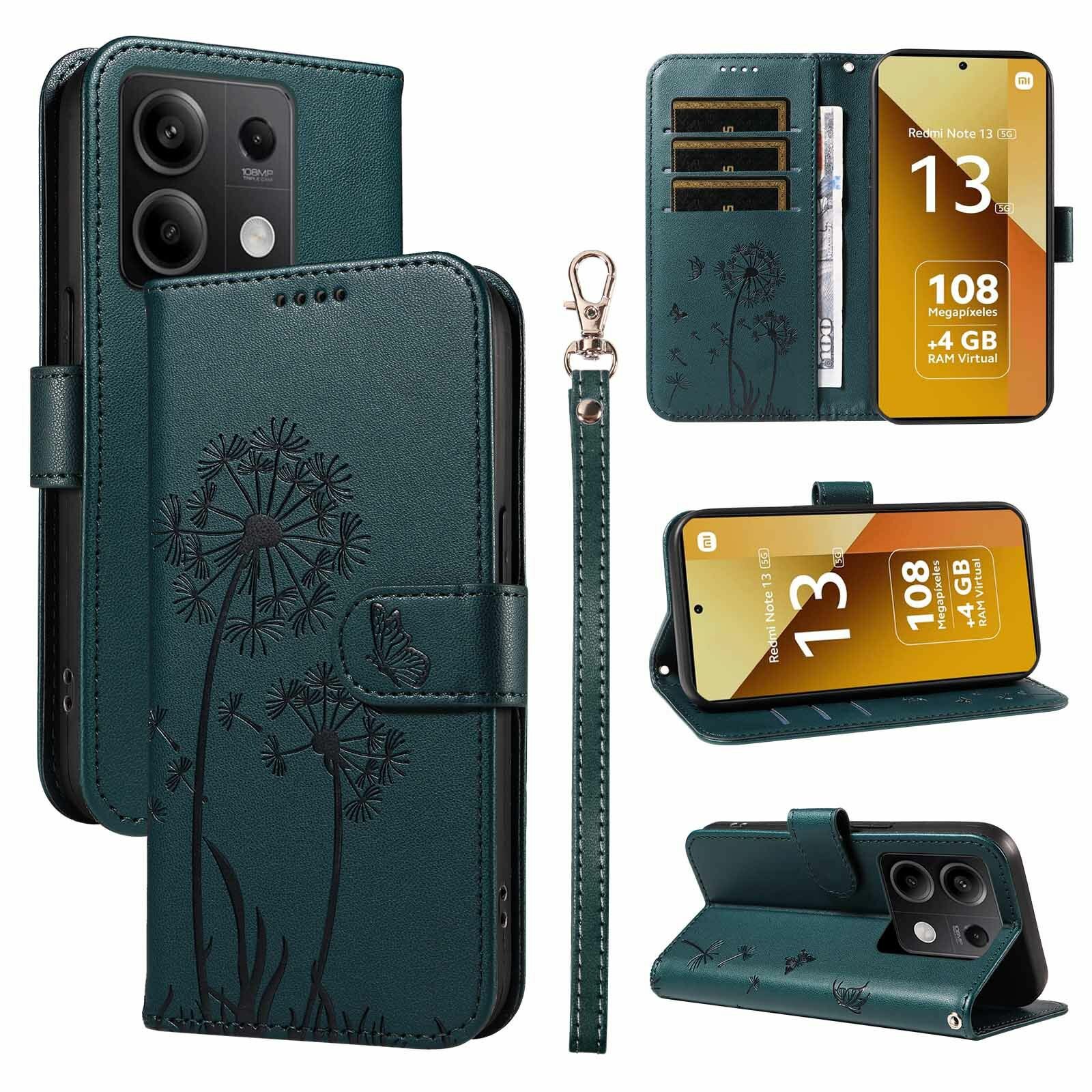 Кожаный чехол-книжка для Xiaomi Redmi Note 13 5G (Редми Ноут 13 5Г), матовый кожаный принт, с магнитной застежкой, слотом для карт и ремешком на запястье