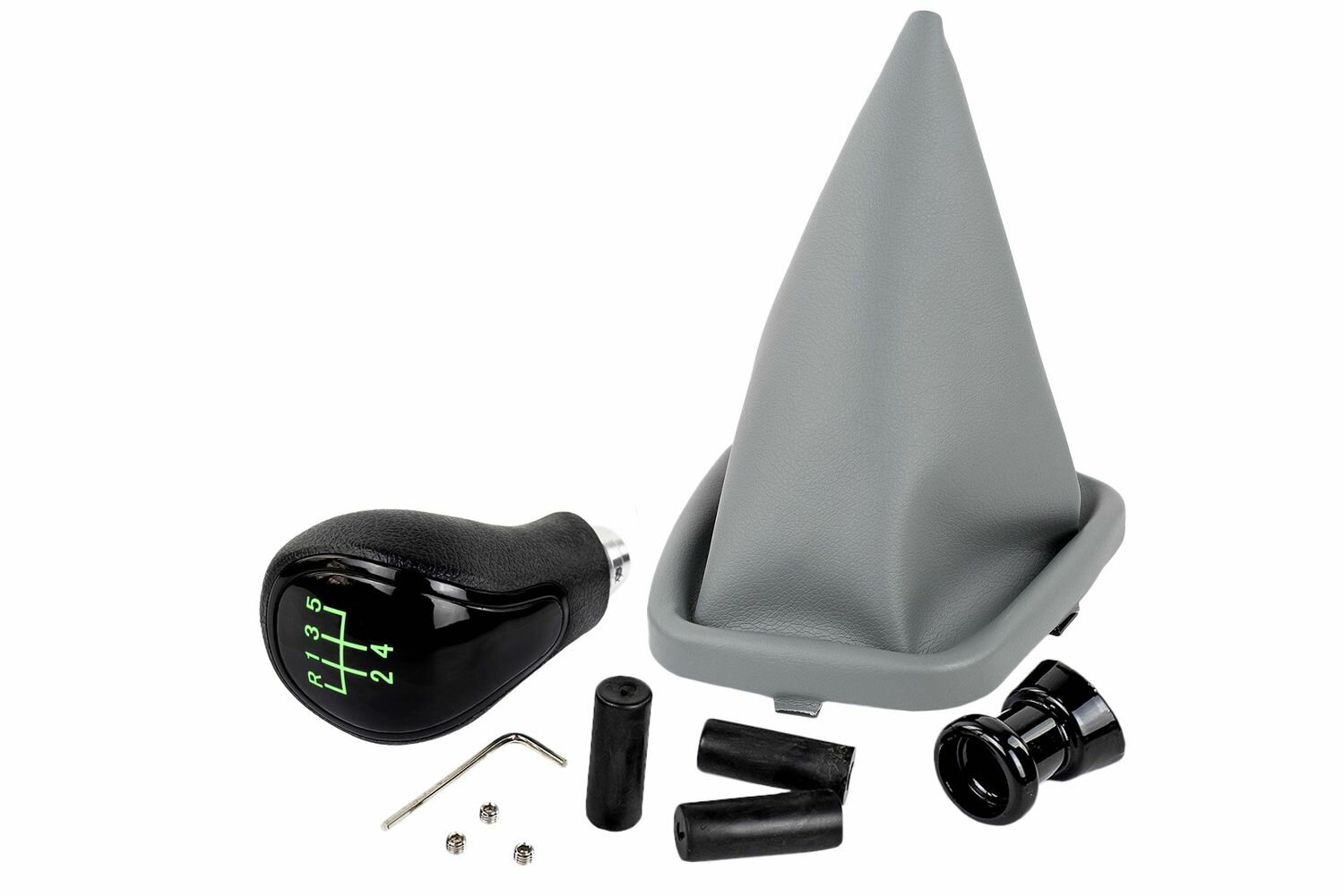 Ручка КПП черный лак с зеленой LED подсветкой и серым пыльником для ВАЗ 2110, 2111, 2112