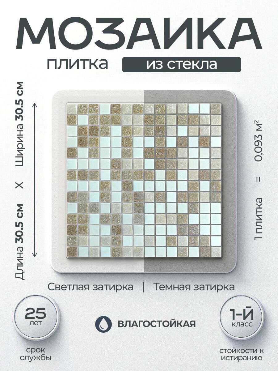 Плитка мозаика для ванной комнаты MIRO (серия Einsteinium №107), моющаяся высокопрочная, размер плитки 30.5х30.5см, упаковка 1 штука на сетке, 0,107 м2