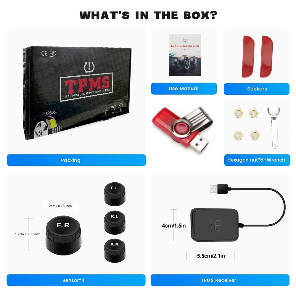 Android TPMS Внешний датчик запасного колеса Система контроля давления в шинах USB TPMS With U disk