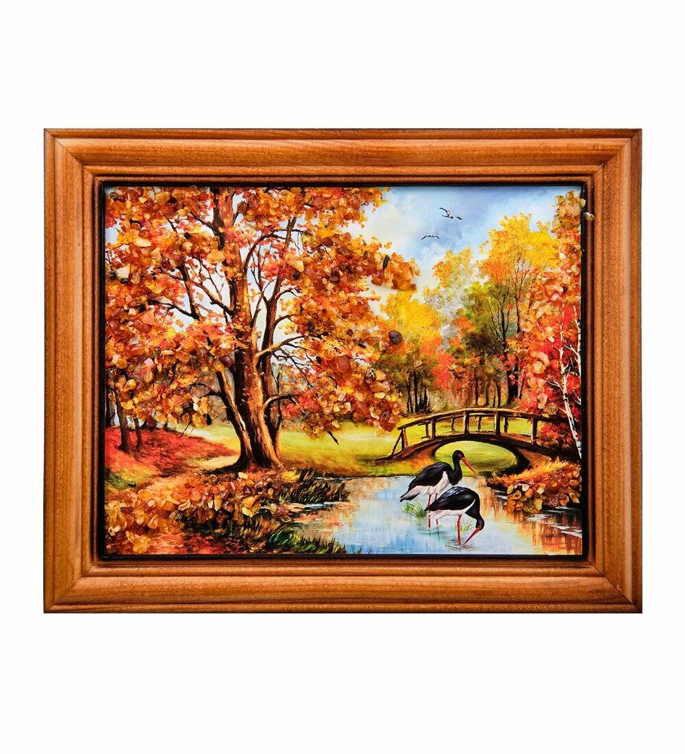 Картина "Аисты на озере" (с янтарной крошкой) дер. краш. рамка 12х15 A2181850