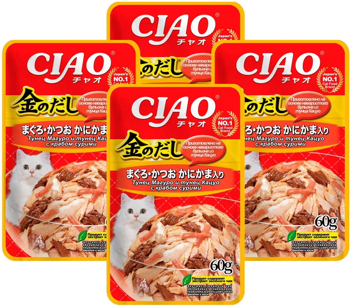 Корм влажный Inaba Ciao Kinnodashi для взрослых кошек, тунец Магуро, тунец Кацуо и краб сурими, 60 гр х 4 шт