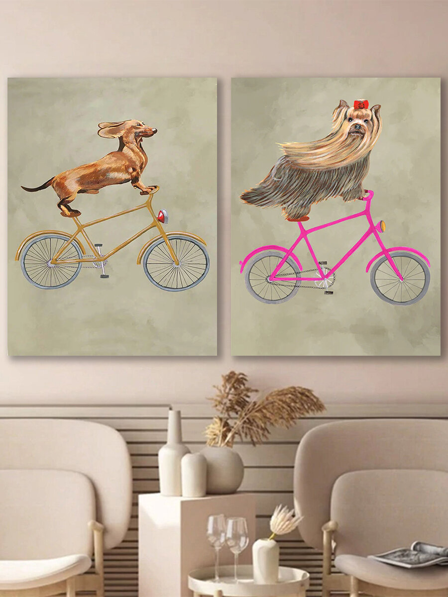 Модульные картины на стену / диптих - "Собаки на велосипеде", картина 2 шт, модуль 40х60 см