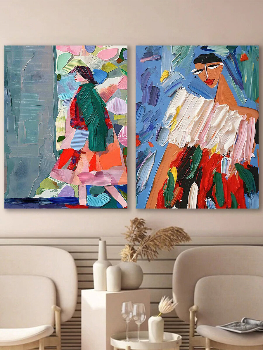 Картина модульная на стену / композиция из 2-х картин, "Девушка силуэт масло текстура", 70х100 см.