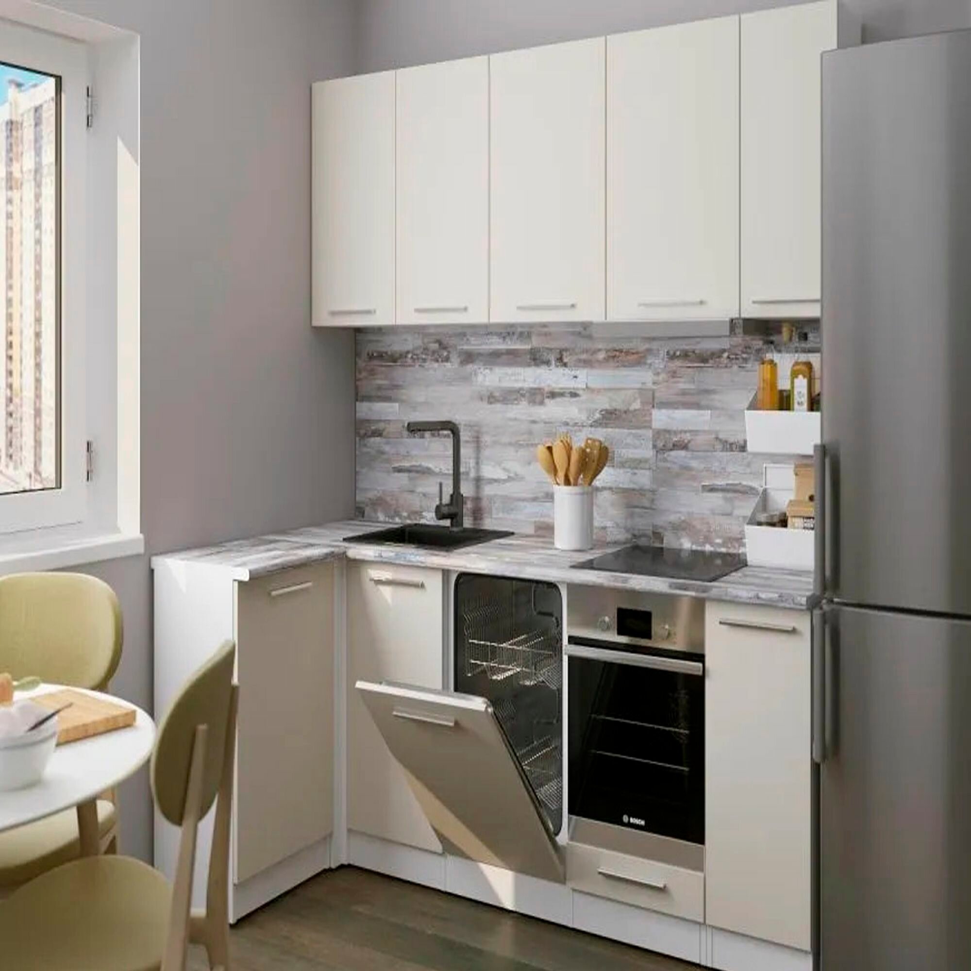 Кухонный гарнитур Дюна прайм 2 400 1100*2000, цвет Кашемир, ширина 110*200 см, угловой, с навесными и напольными шкафами, с выдвижными ящиками, с дверцами