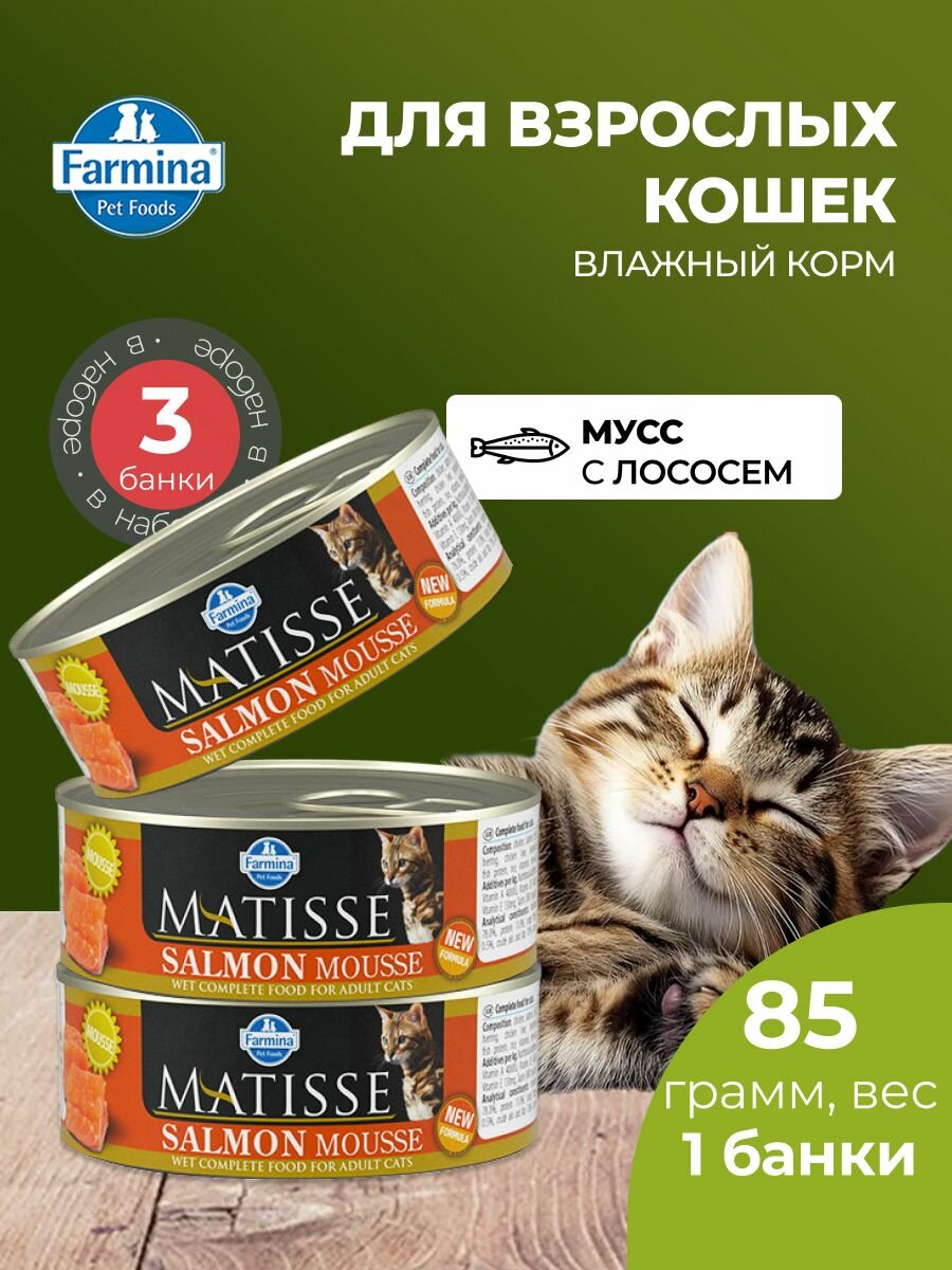 Корм консервированный для кошек Farmina Matisse, Матисс мусс для кошек с лососем, влажный корм Фармина 85 г - 3 шт
