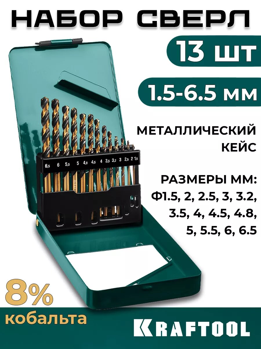 Кобальтовые сверла по металлу набор в металлическом кейсе 13шт KRAFTOOL