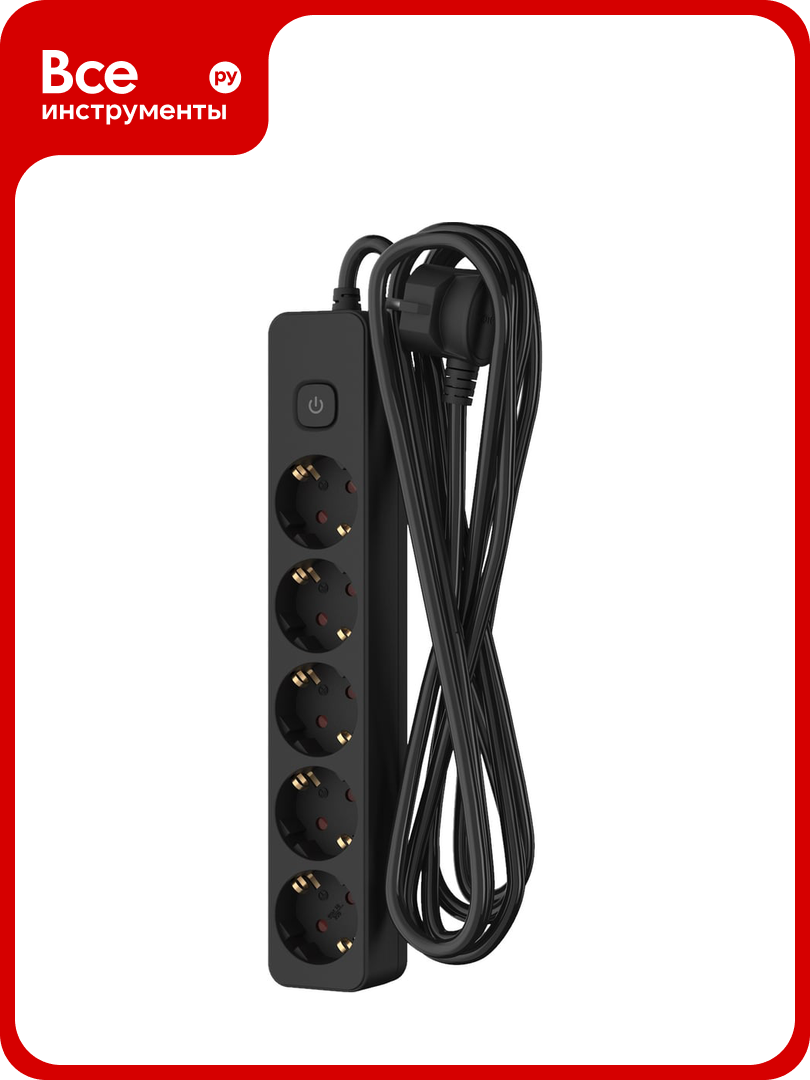 Сетевой удлинитель Фотон 16-55ЕS, 5м, 5 розеток, 16А, с выключателем, с заземлением, черный 22731