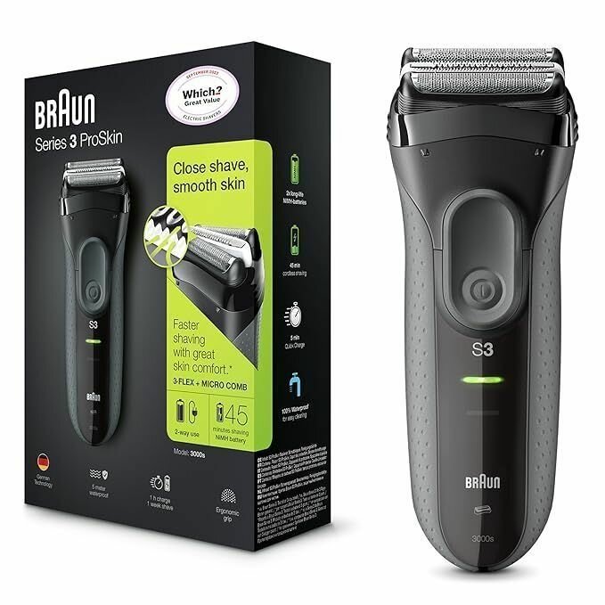 Braun 3000S Series 3 моющаяся бритва с защитным кожухом, 3 головки, синяя