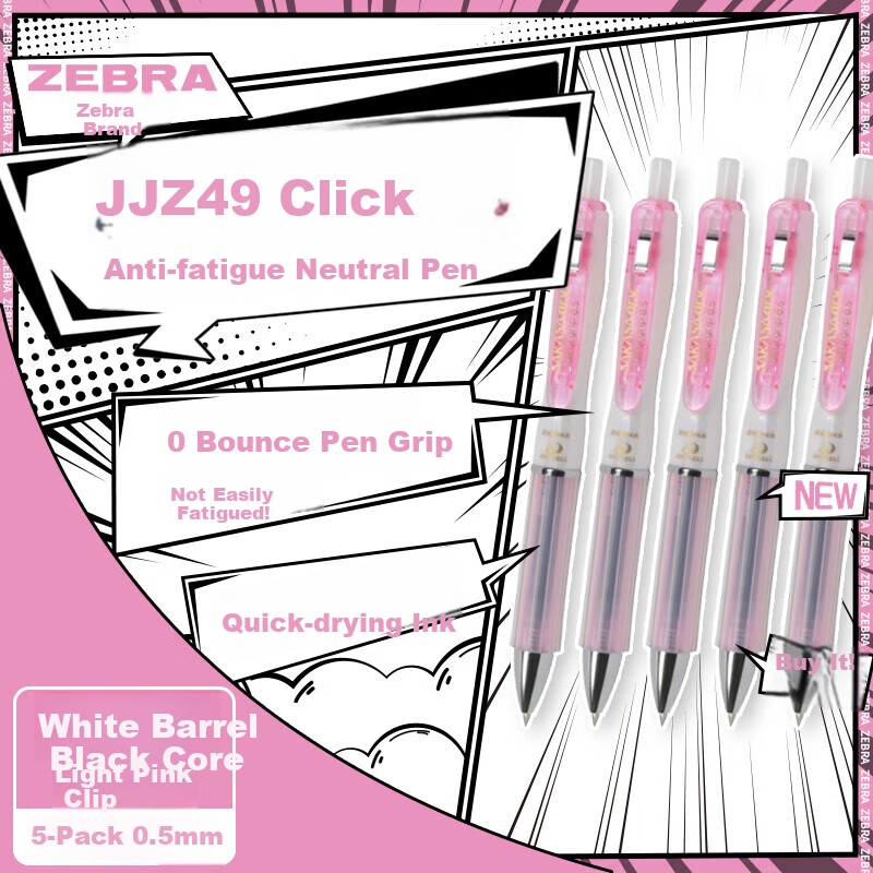 ZEBRA JJZ49 Push Button Quick-Drying Bullet Tip Gel Pen 0.5mm for Students Signature Note Taking Writing White Barrel Light Pink Clip Black Ink 5-Pack