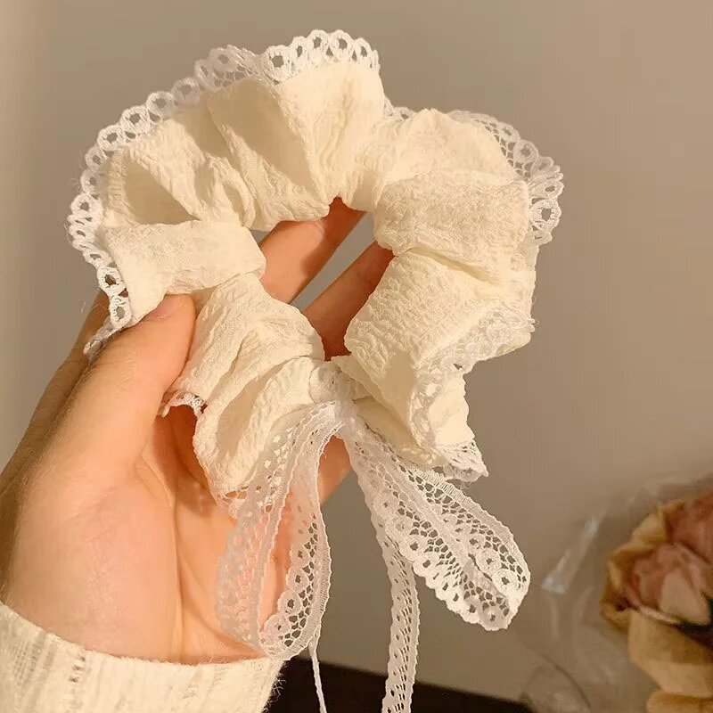 Белые кружевные резинки для волос с бантом, Cream White