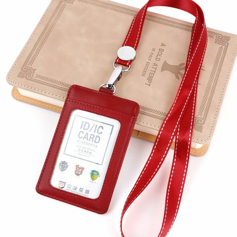 Кожаный держатель для пропуска, бейджа и карты с металлическим креплением и ремешком — стильный офисный аксессуар