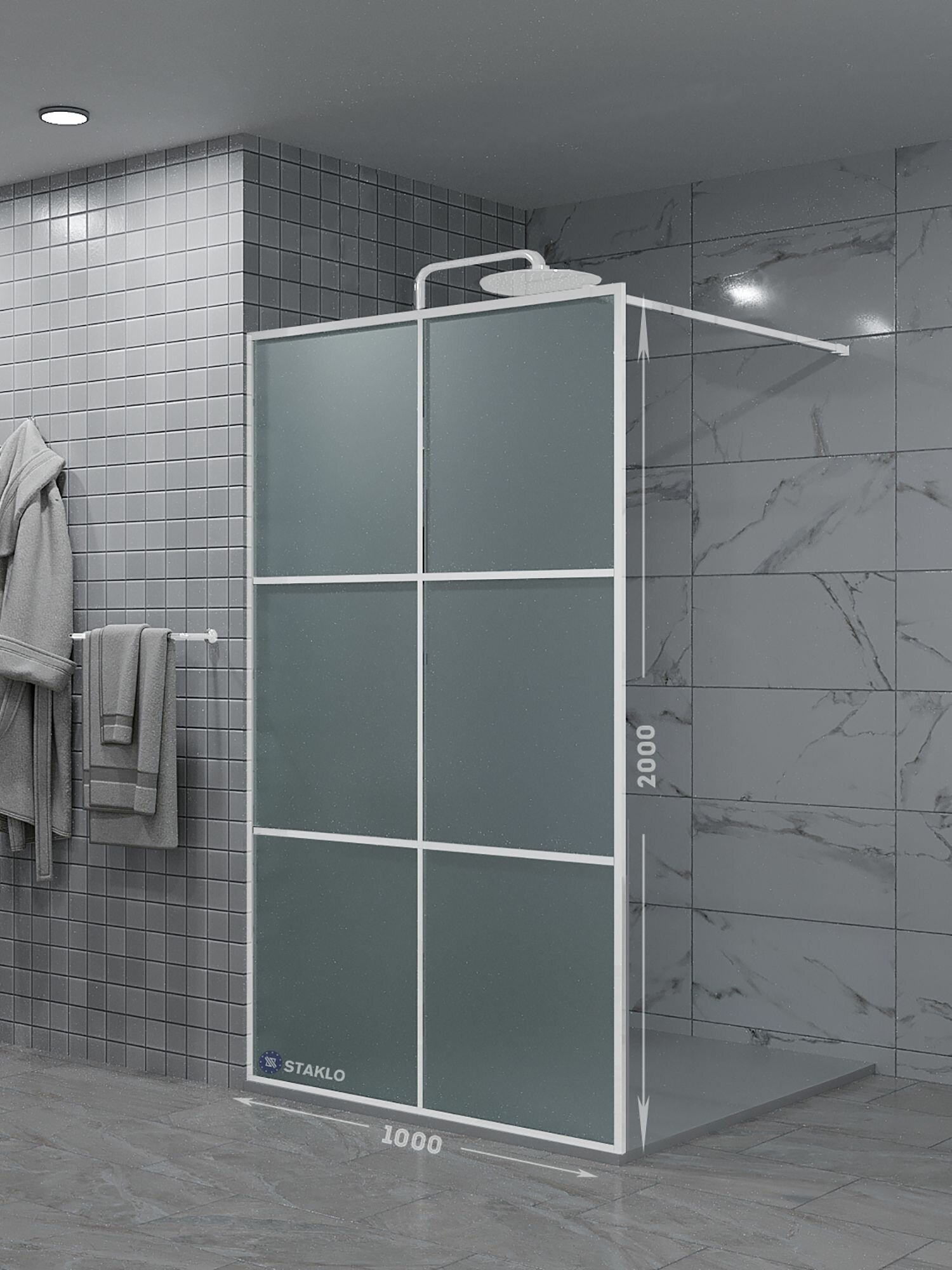 Loft душевая одиночная перегородка staklo 100x200 из матового обычного стекла белая фурнитура