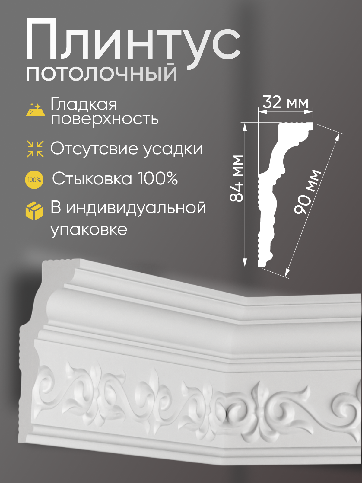Плинтус потолочный 5 шт GLANZEPOL 200 см пенополистирол, белый GP77