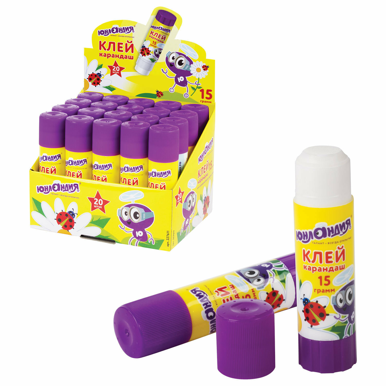 Клей-карандаш Юнландия "Божья коровка", 15 г, улучшенный (227611)