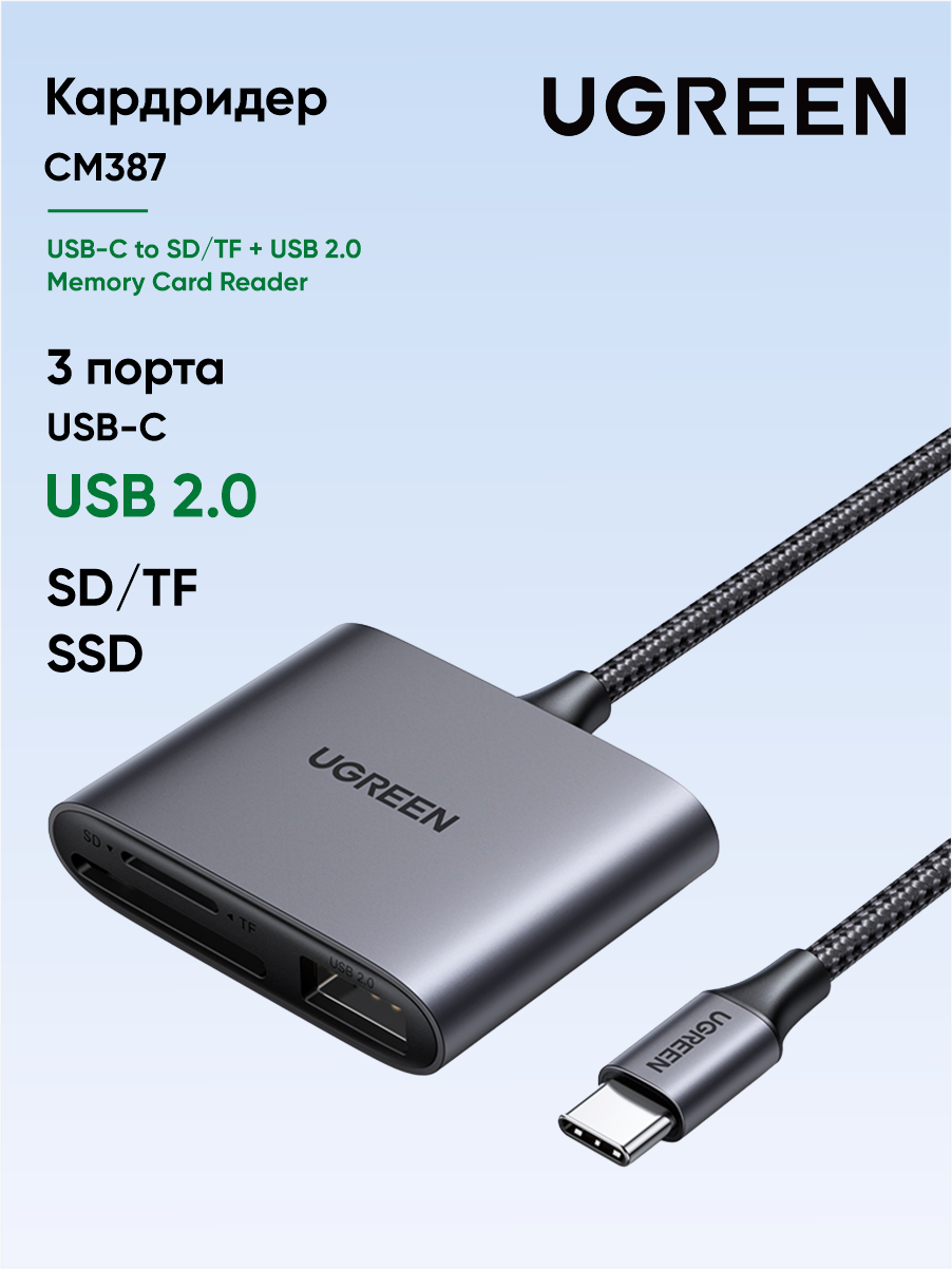 Кардридер UGREEN CM387 (80798) USB-C to SD/TF + USB 2.0 Memory Card Reader. Цвет: серый
