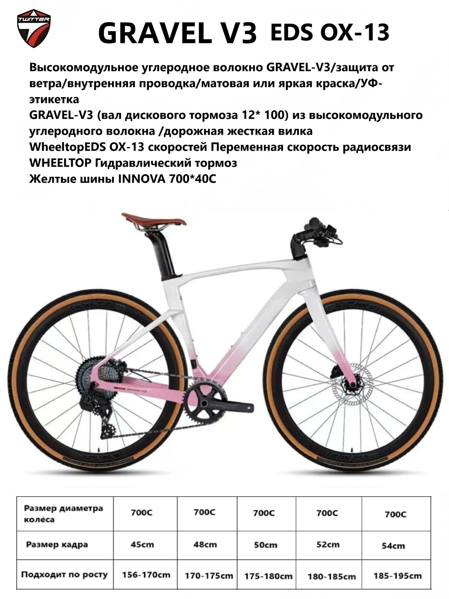 Велосипед Twitter Gravel-V3, карбоновая рама, гравийный, 29", 13 скоростей, откидывающийся на 90° подъемный руль