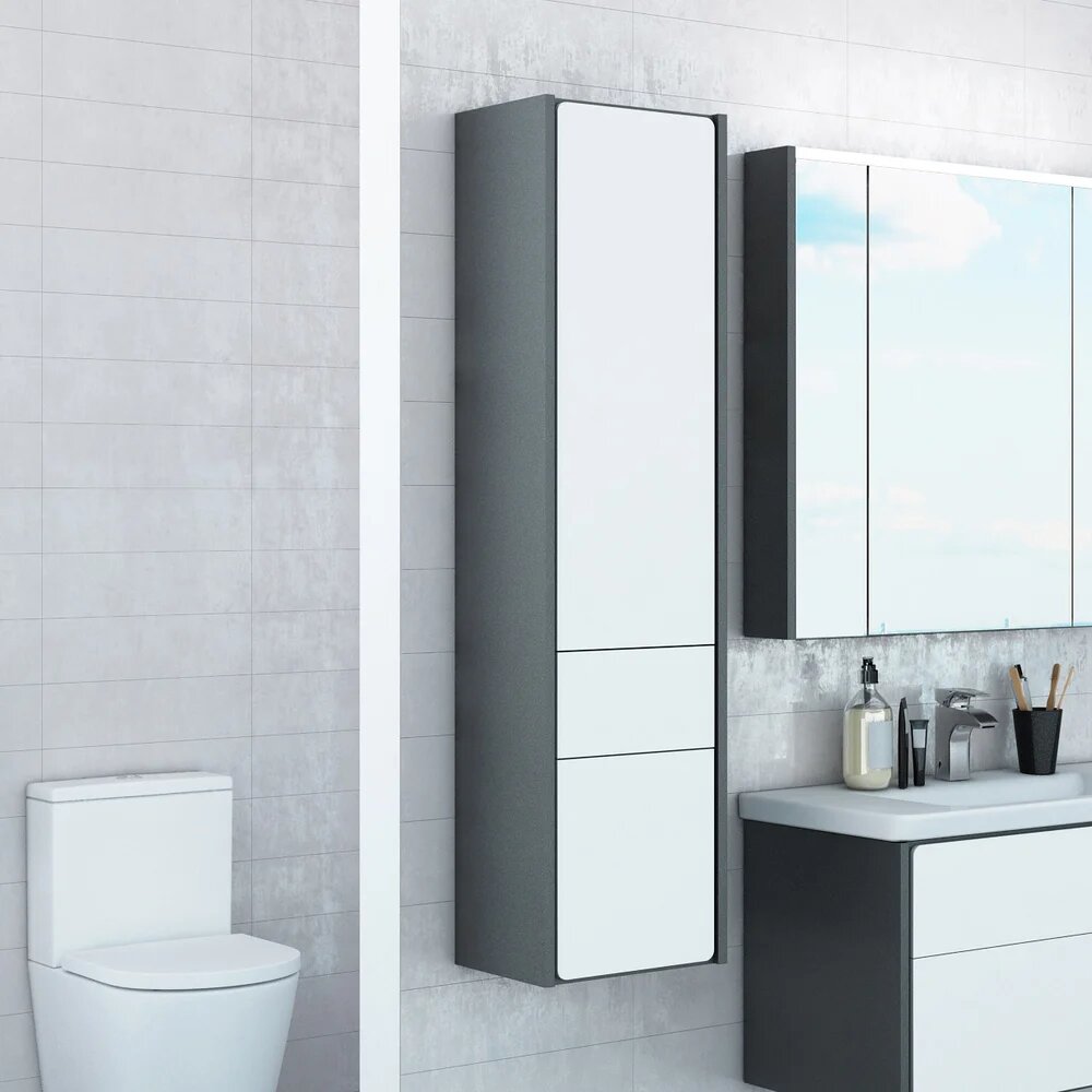 Шкаф-пенал для ванной Roca Ronda L подвесной, 32 см, белый, серый, глянцевый, с ящиком, с дверками, из МДФ, в стиле лофт